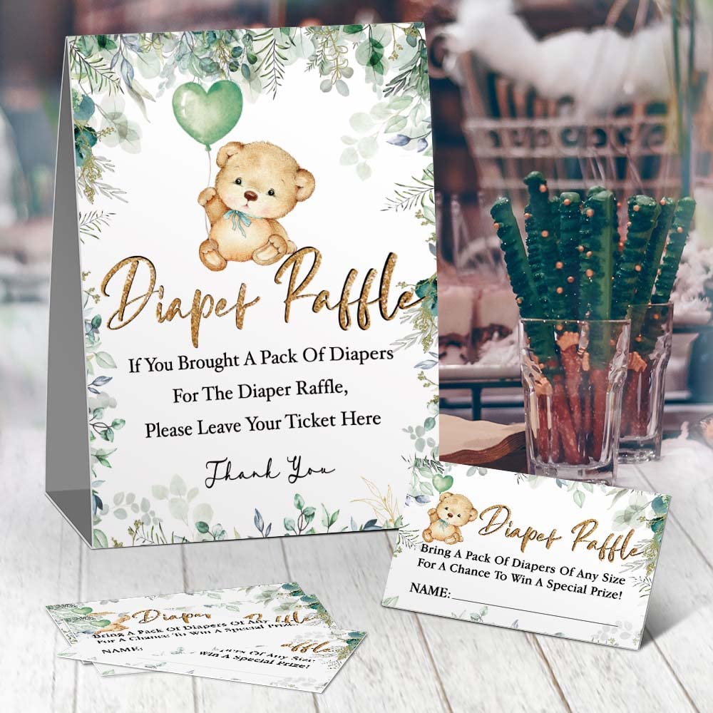 Diaper Raffle Sign,Balloon Bear Diaper Raffle Theme Baby Shower Game Kit (1 Sign & 50 Cards),Eucalyptus Diaper Insertion Ticket,Baby Shower Decoration