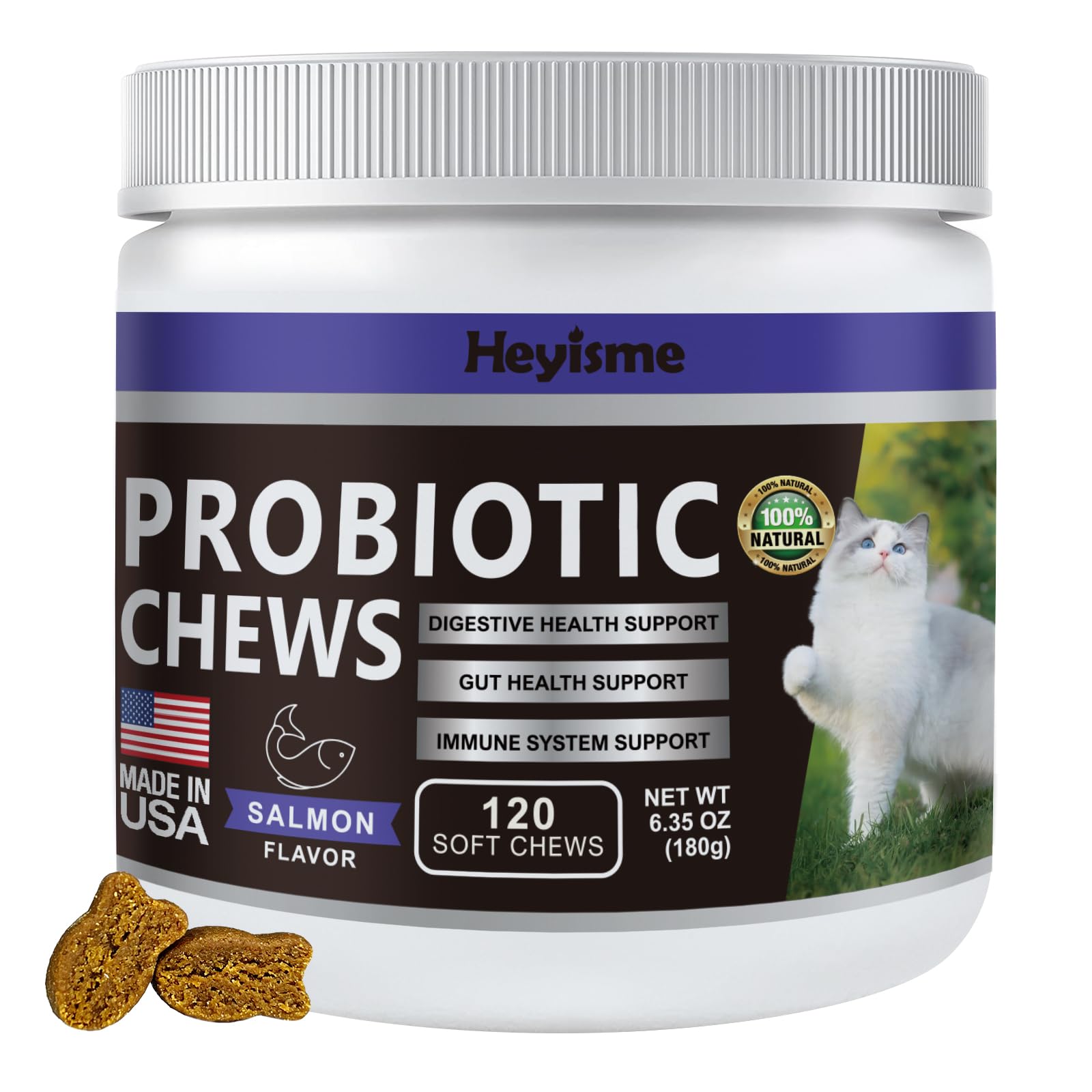 HEYISME Cat Probiotic, Chews for Gut and Immune Health, Cats Probiotic Supplement for Cat Digestive Support, Healthy Digestion, Cat Constipation and Diarrhea Relief (Salmon, 120 Chews)