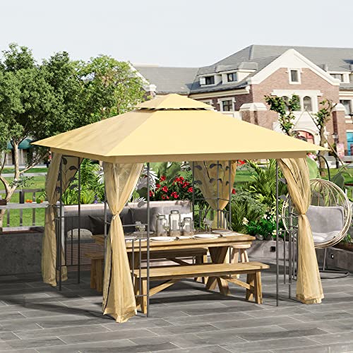 Outsunny 10' x 10' Metal Patio Gazebo, Double Roof Outdoor Gazebo Canopy Shelter with Tree Motifs Corner Frame and Netting, for Garden, Lawn, Backyard, and Deck, Beige