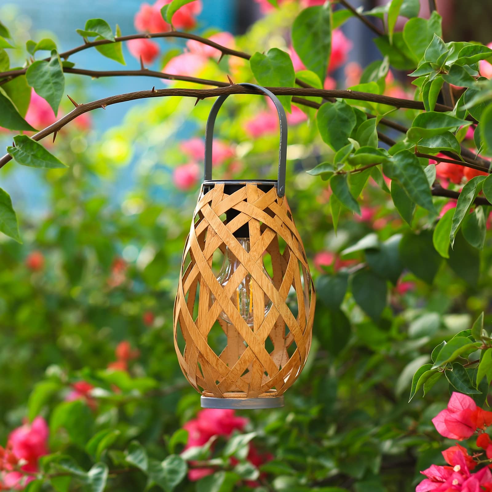 Solar Metal Woven Lanterns Outdoor - 12" Waterproof Hanging Cordless Lantern with Edison Bulb for Farmhouse Yard Patio Garden