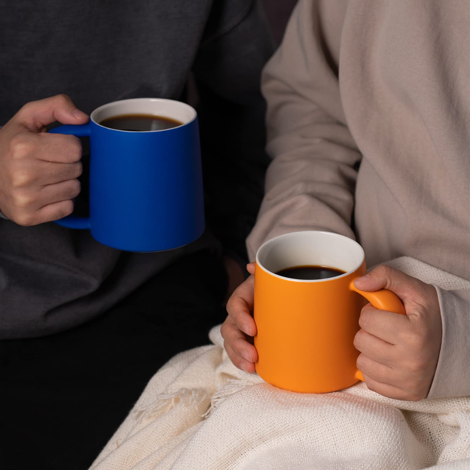 E-liu Big Coffee Mug Set of 2, Large Handle 16 Oz Blue Orange Combo Ceramic Mugs, Valentines Day Gifts Gift Mug for Latte, Cappuccino, Tea, Coffee Lovers Couples Mugs