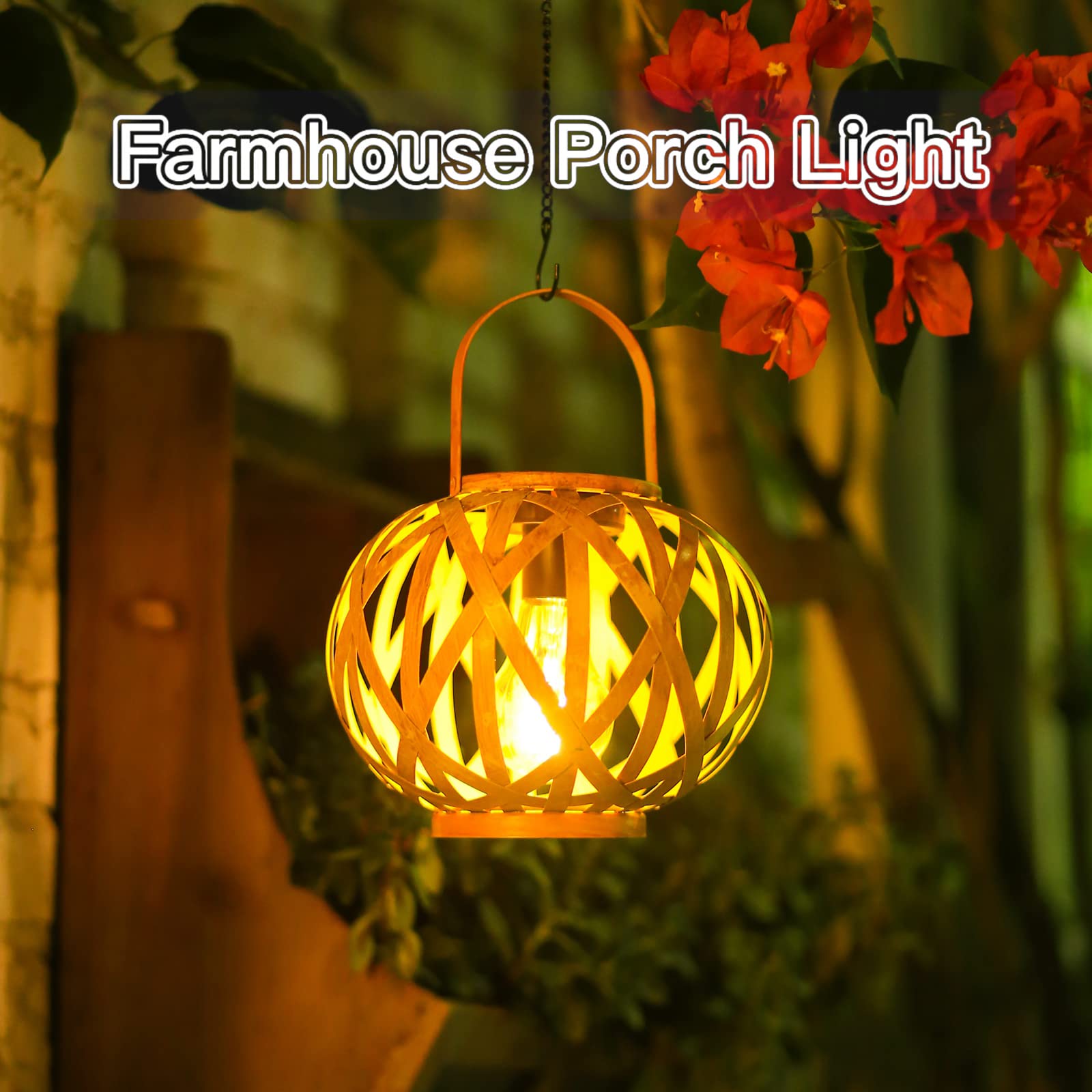 Solar Metal Woven Lanterns Outdoor - 10"*8" Waterproof Hanging Cordless Lantern with Edison Bulb Farmhouse Decor for Yard Patio Garden Home