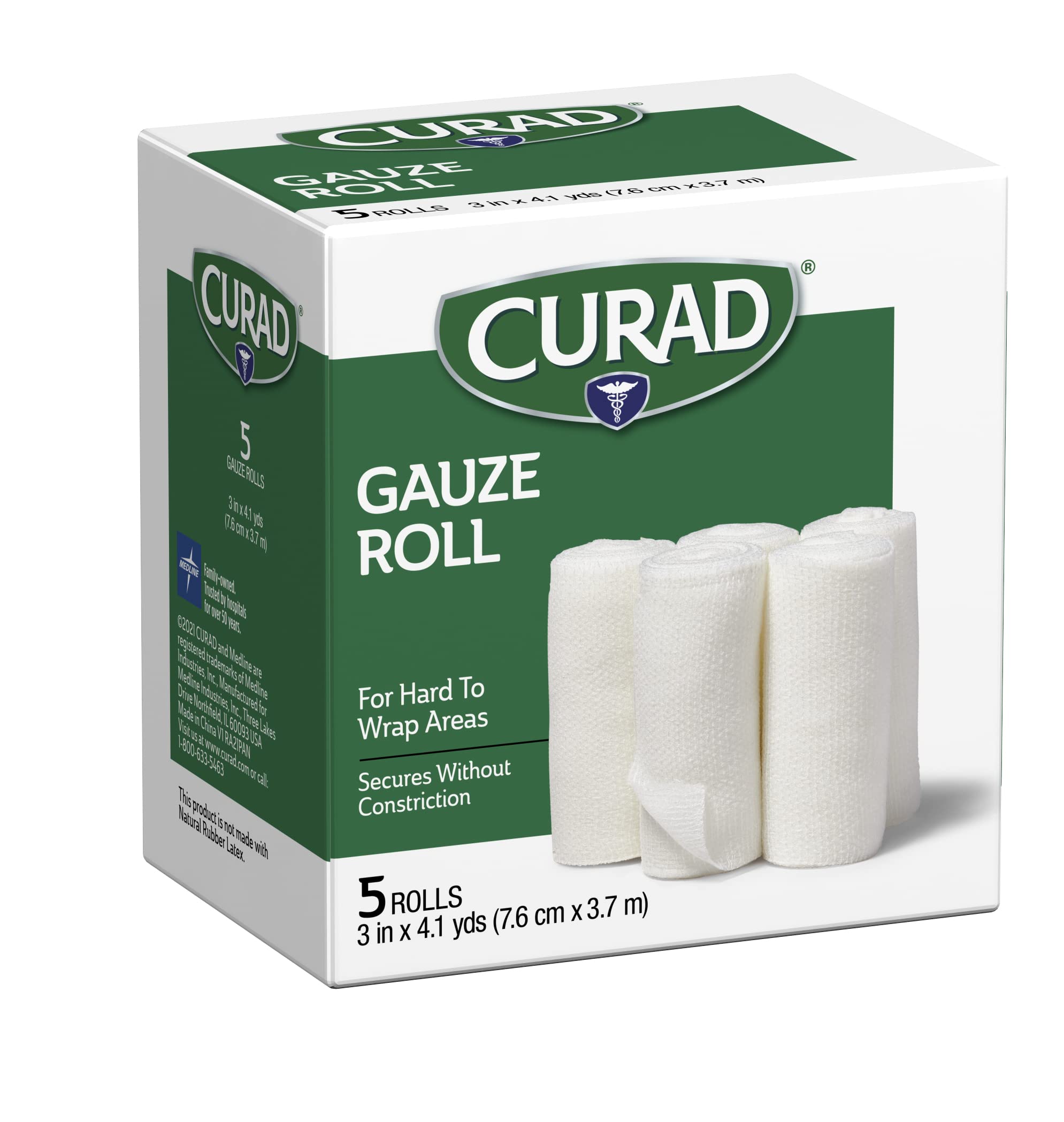 Curad Cotton Stretch Rolled Gauze, 3" x 4.1 yd, 5 Count (Pack of 3)