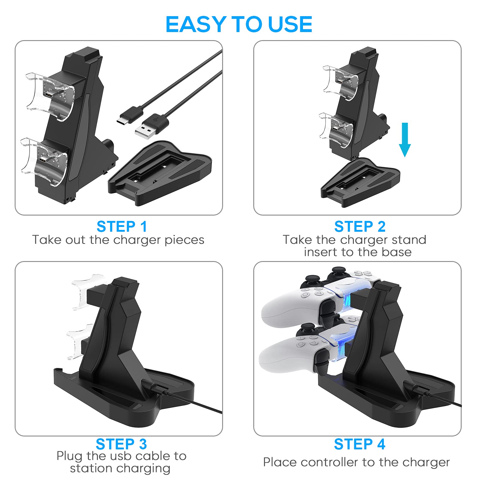Charger Compatible with PS5 Controller, YUANHOT Charging Station with Dual USB C Ports & LED Indicator - Black