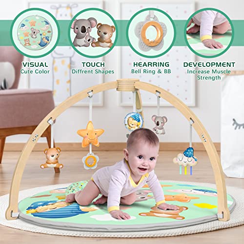 FEISIKE Wooden Baby Activity Gym & Play Mat, Stage-Based Sensory and Motor Skill Development, Thick Non-Slip Design Tummy Time Mat Washable