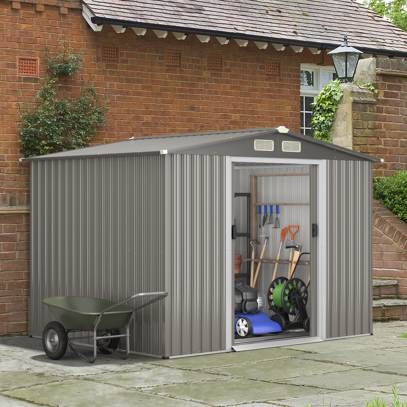 Goplus Outdoor Storage Shed, 8.5’ x 6.8’ x 6’ Weather-Resistant Utility Tool Organizer w/Foundation, 4 Louvers, Double Doors & Ramp, Galvanized Steel Tool Shed for Garden, Lawn, Yard
