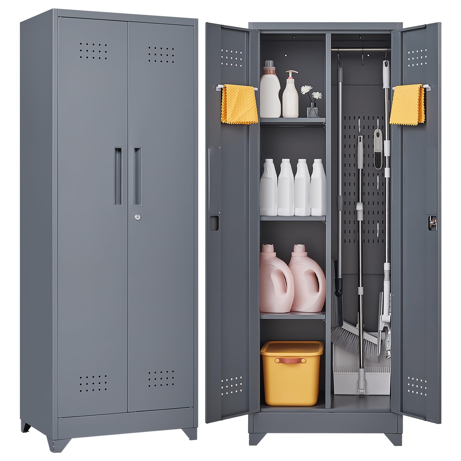 GREATMEET Broom Closet Storage Cabinet with Locking Doors,65" Metal Storage Cabinet with Hanging Rod,Garage Storage Cabinet Grey+White