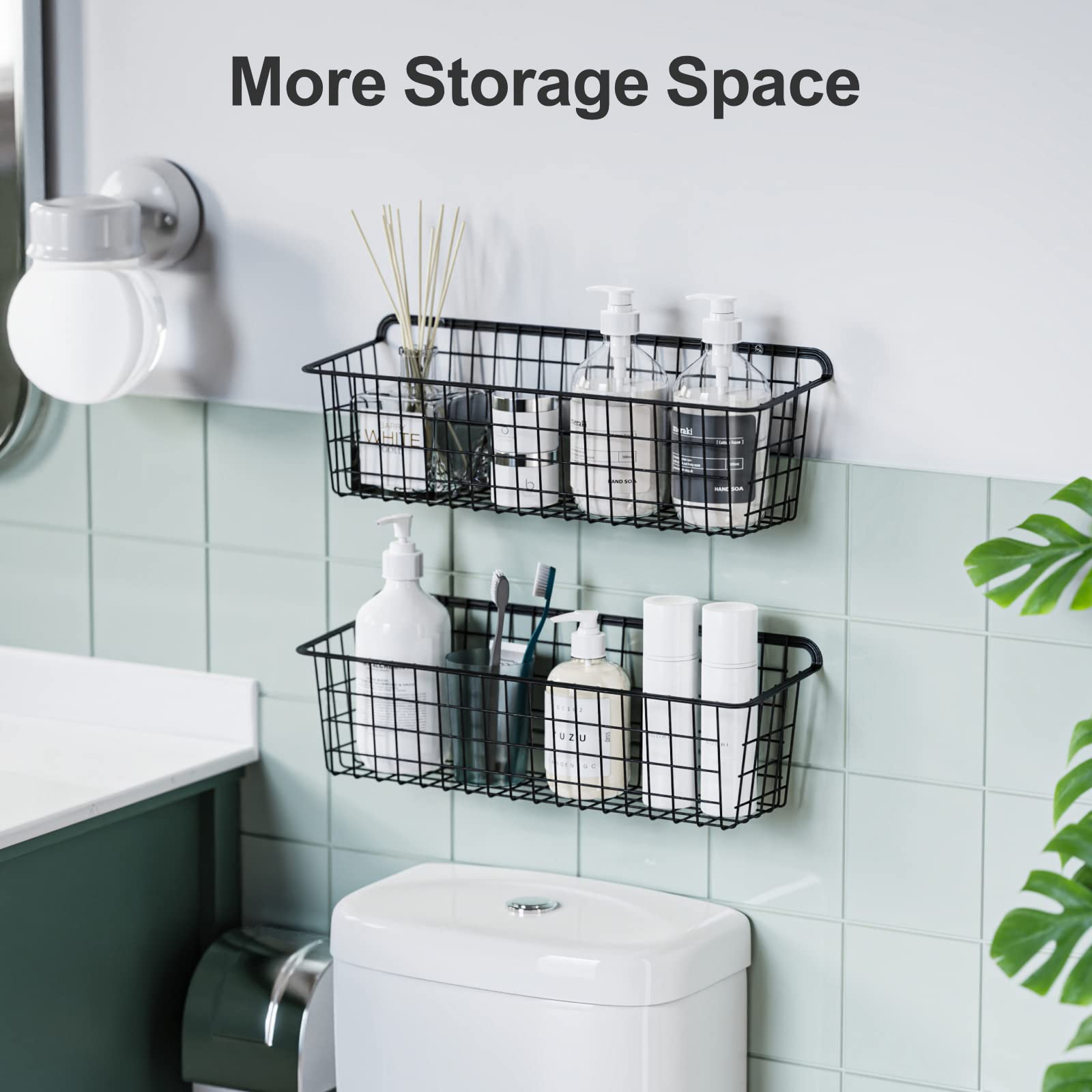 iSPECLE 2 Pack Black Metal Wall Baskets, Add Storage Space in Bathroom Kitchen, Durable and Sturdy, Easy to Install, Hanging or Nailed