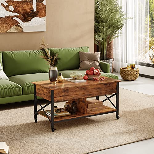 WLIVE Lift Top Coffee Table for Living Room,Coffee Table with Storage,Hidden Compartment and Metal Frame, Central Table with 4 Casters for Reception Room,Rustic Brown.
