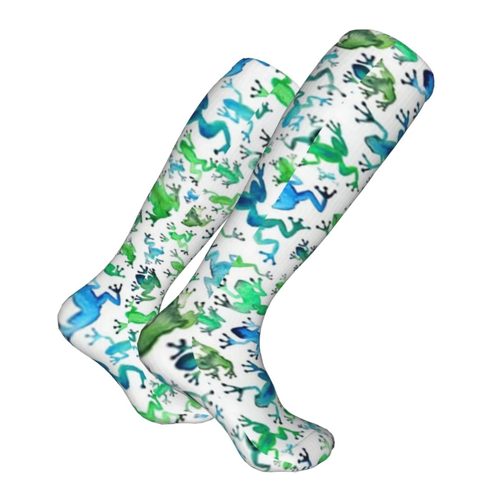 chegna Green Blue Tree Frogs Compression Socks for Women & Men Circulation 15-20 mmHg is Best Support for Athletic Running Cycling, White, One Size (10463)