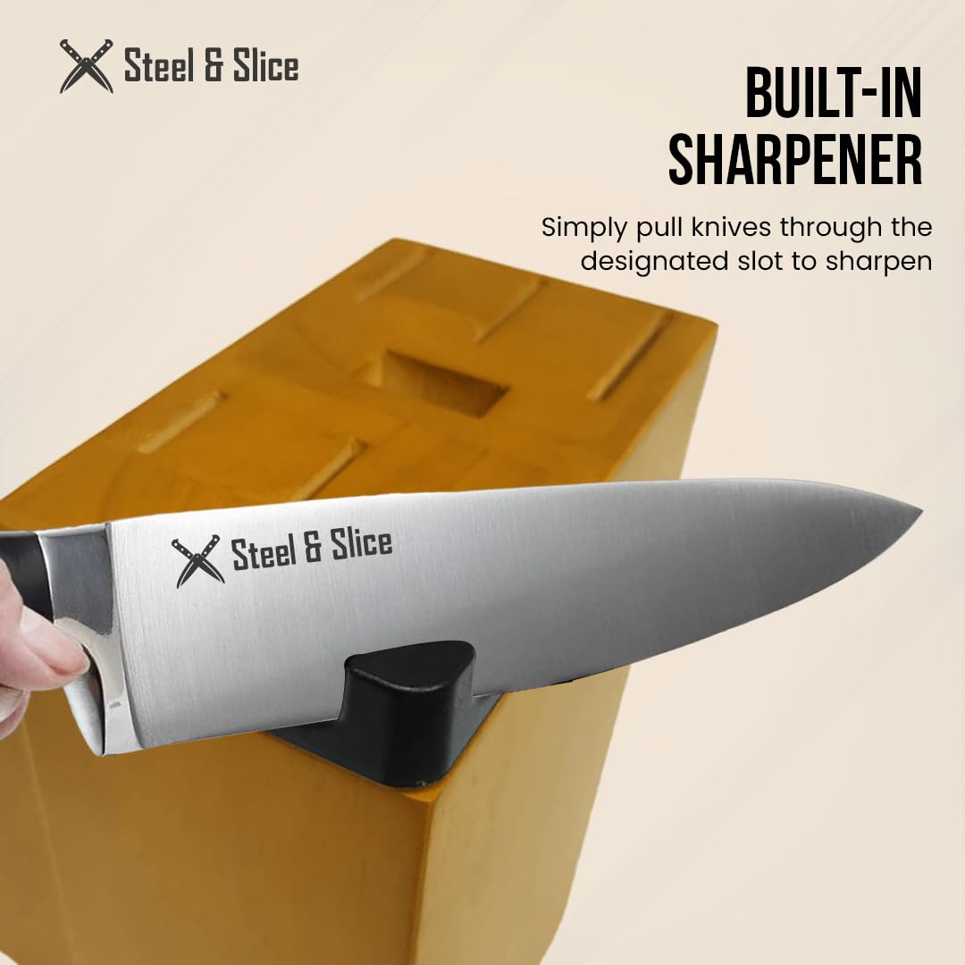 Knife Set, 19-Piece German Stainless Steel Kitchen Knife Set, Premium Knife Block Set with Knife Sharpener, Dishwasher Safe Knife Set with Block for Kitchen - 1 Year Refund Warranty