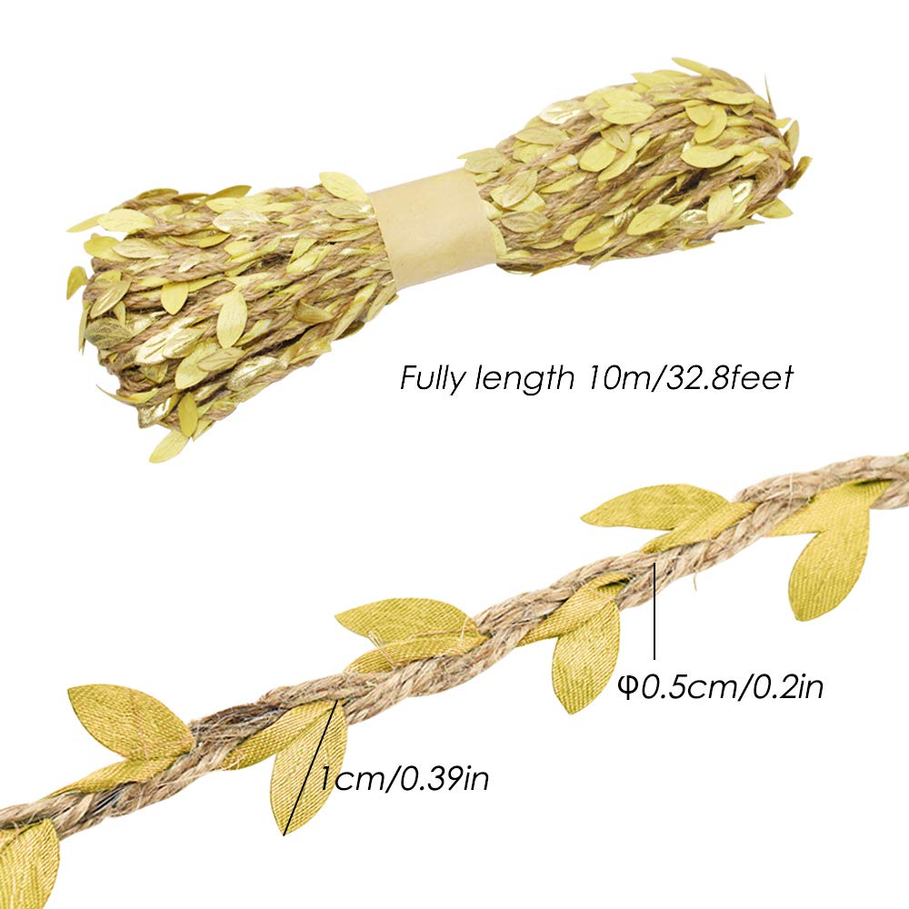 YuCool 3 Rolls 98 Feet 5MM Gold Burlap Leaf Ribbon, with Artificial Green Leaves Braided Decorated Vine for Jungle Party Wedding Garden Home Decor