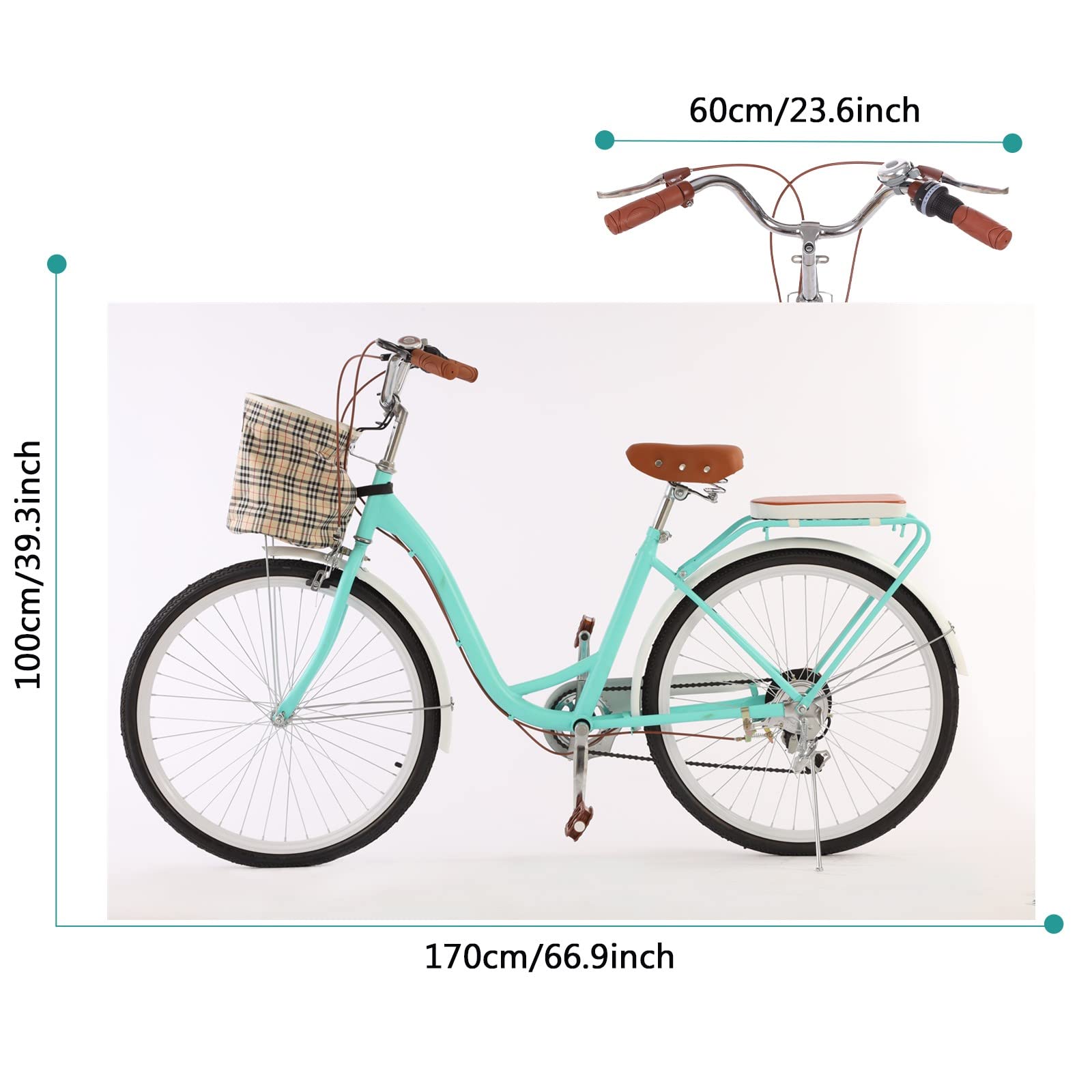 Dinling Urban Lady 7 Speed - Women's Beach Cruiser Bike - 24 Inch, 26 Inch (Blue,24")