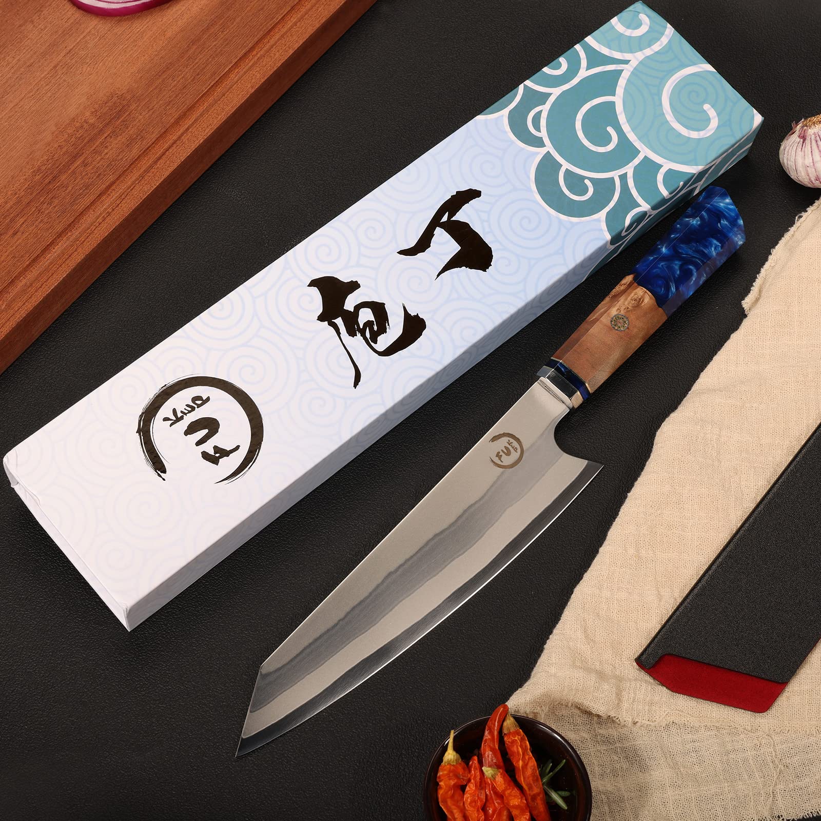 Fukep Japanese Chef Knife, Chef Knife 8 Inch - Carbon Steel 440c with Attractive Blue Resin Handle, Super High Cost-Performance Kiritsuke Knife with Sheath
