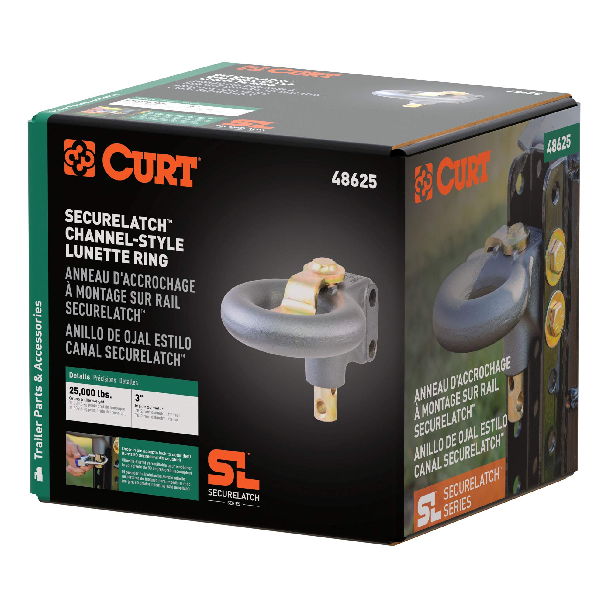 CURT 48625 SecureLatch Channel-Style Lunette Ring, 25,000 Pounds, 3-Inch ID