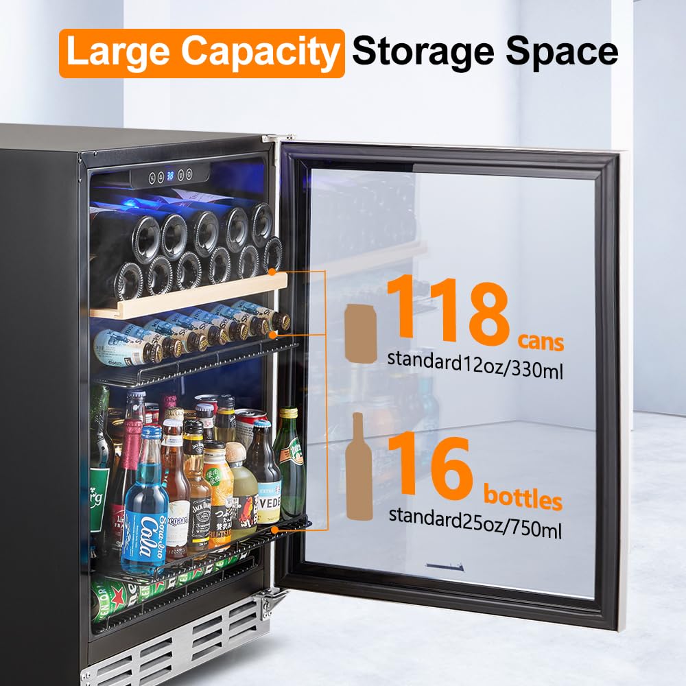 Kalamera Mini Fridge 24β Beverage and Wine Cooler Built-in or Freestanding - 118 Cans & 16 Bottles Capacity Wine Refrigerator Cooler