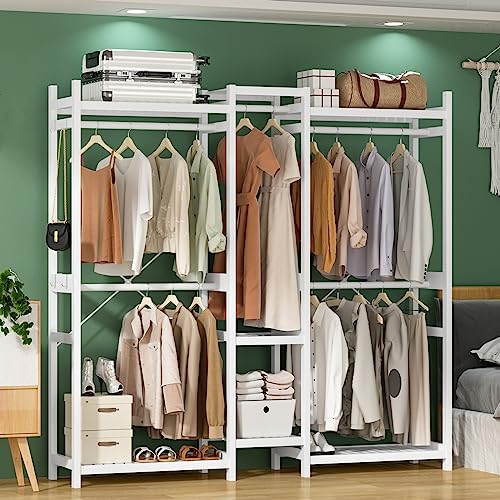 Hoiplu Bamboo Closet System Clothing Rack for Hanging Clothes, Large Garment Rack with Shelves and 5 Rods, 70”W x 77”H Heavy Duty Freestanding Clothes Rack Organizer for Wall-in Closet Bedroom, White