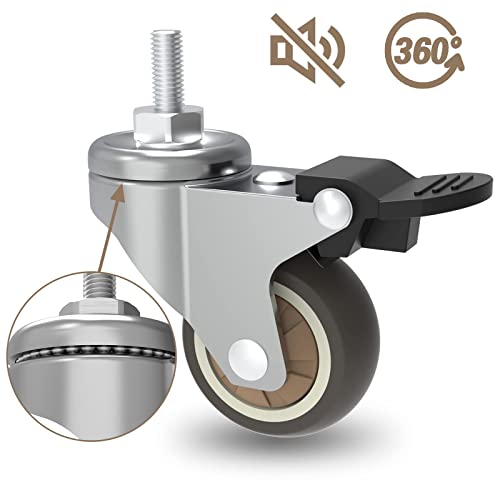OK5STAR 1.5" Mini Caster Wheels with Brakes, 1/4"-20x1" Threaded Stem Low Profile TPR Castors Quiet Rolling for Small Cart Trolley Dolly Workbench Furniture Set of 4(fit 6mm to 6.35mm)