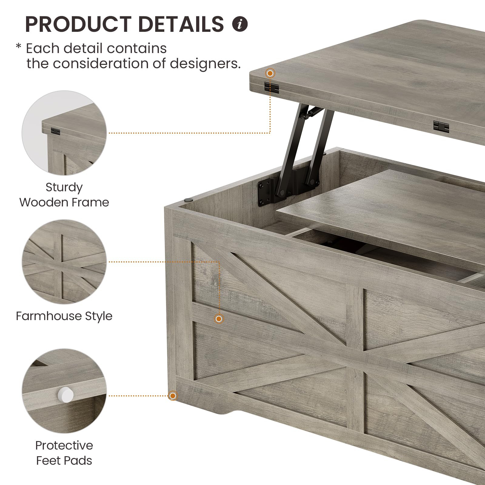 Itaar Farmhouse Coffee Table, Lift Top Coffee Table with Large Hidden Compartment, Rustic Center Table with Barn Door, for Living Room, Office, Grey