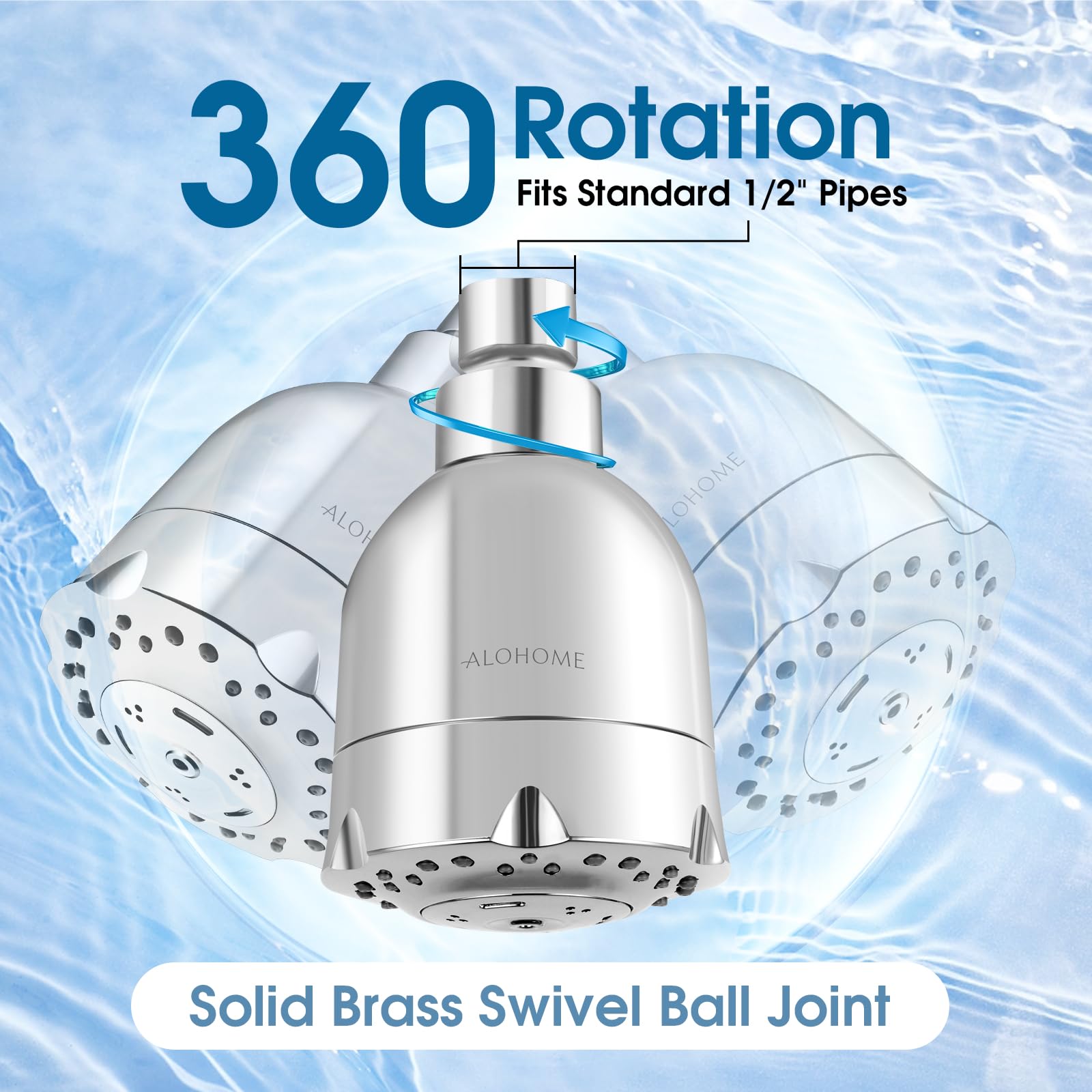 High Pressure Boosting Shower Head, ALOHOME 6 Powerful Spray Settings - Perfect for Low Water Pressure Homes, 3.6" Luxury Modern Chrome Finished Shower Head with 360° Adjustable Brass Ball Joint