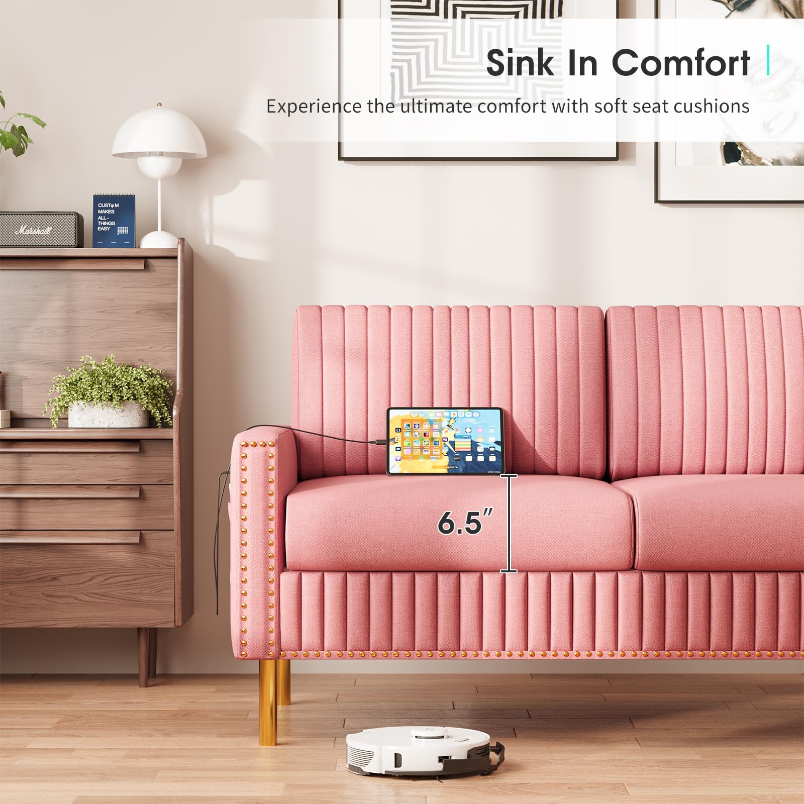Fameill 65" Loveseat Sofa, Comfy Couch with Rivet Hemming, Mid Century Modern Couch with Deep Seat Soft Cushion, USB & Type-C Charging Port, Upholstered Small Couch for Bedroom, Living Room, Pink