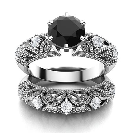 Elegant Touch Oval Cut Black Onyx Solitaire Ring Diamond Wedding Band Engagement & Wedding Ring 14K White Gold Plated (10.5)