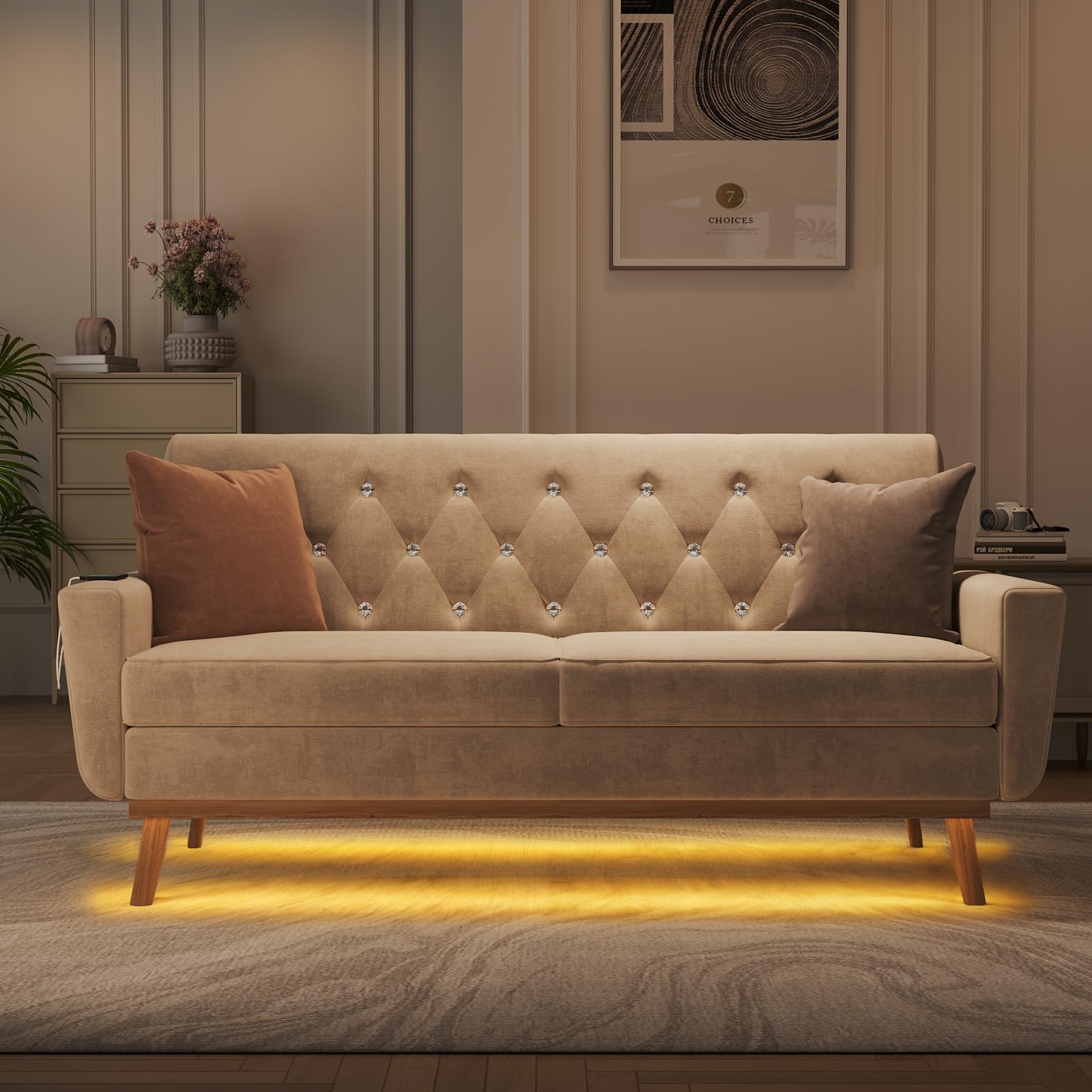 Fameill 65" Loveseat Sofa Couch, Mid Century Modern Love Seat Small Couch with Soft Cushion, LED Light, Crystal Button Tufted, Upholstered Comfy Small Couch for Living Room, Bedroom