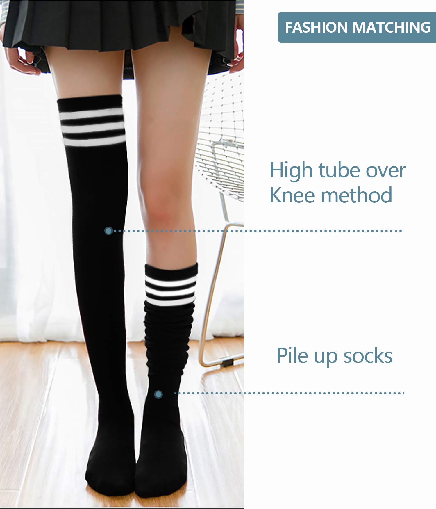Dimore 5 Pairs Womens Thigh High Socks Over the Knee High Striped Stocking Boot Leg Warmer Long Socks for Daily Wear Cosplay