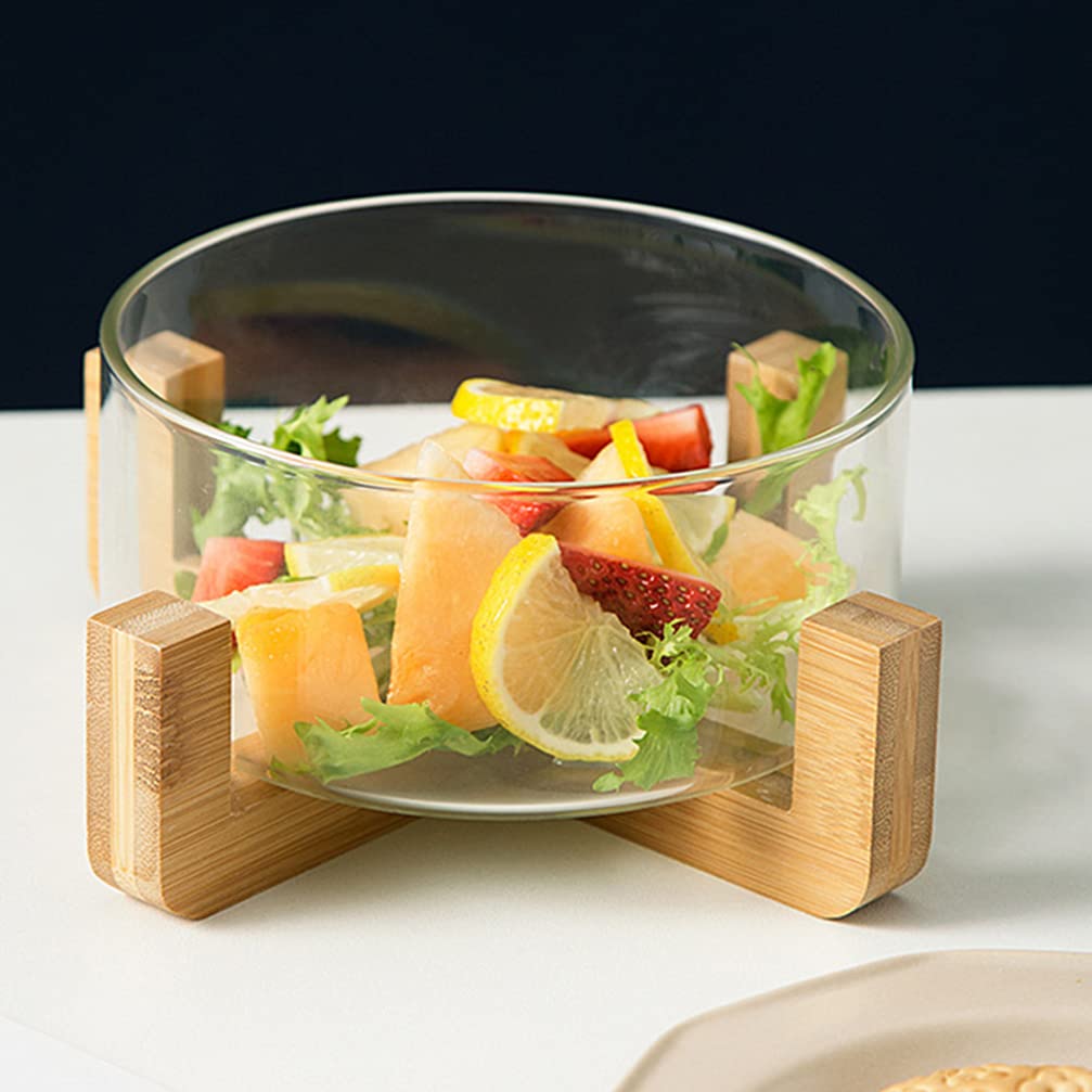DOITOOL Creative Glass Serving Bowls, Round Salad Container, Clear Salad Serving Bowl with Wood Stand for Pistachios, Edamame, Cherries, Nuts, Fruits, Candies