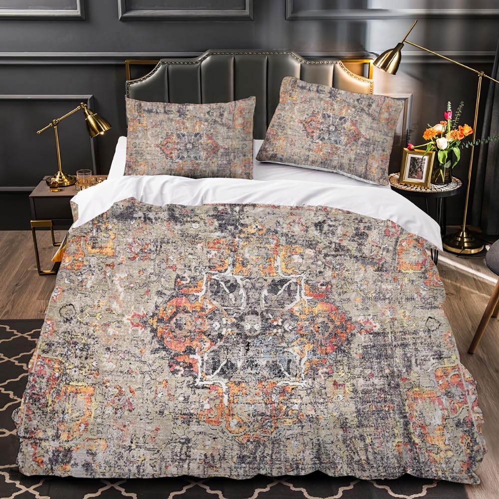GABADU Vintage Nationality Distressed Duvet Cover, Traditional Pattern Print Bedding 3 Piece Set, Printing Comforter Cover and 2 Pillowcases, Soft Microfiber with Zipper and Ties (King/90"x104")