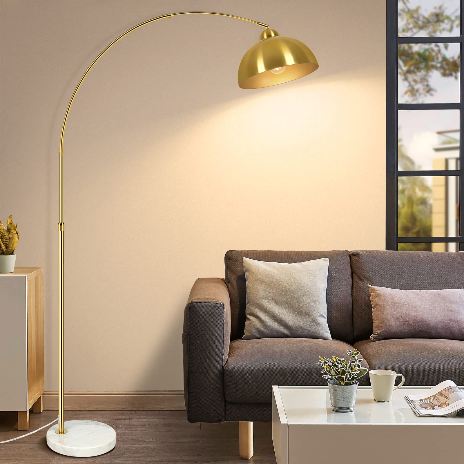 Contemporary Gold 73" Arc Floor Lamp with Hanging Dome Shade, Marble Base Adjustable Farmhouse Over The Couch Tall Stand Up Light, Industrial Task/Reading Standing Corner Lamp for Living Room Bedroom