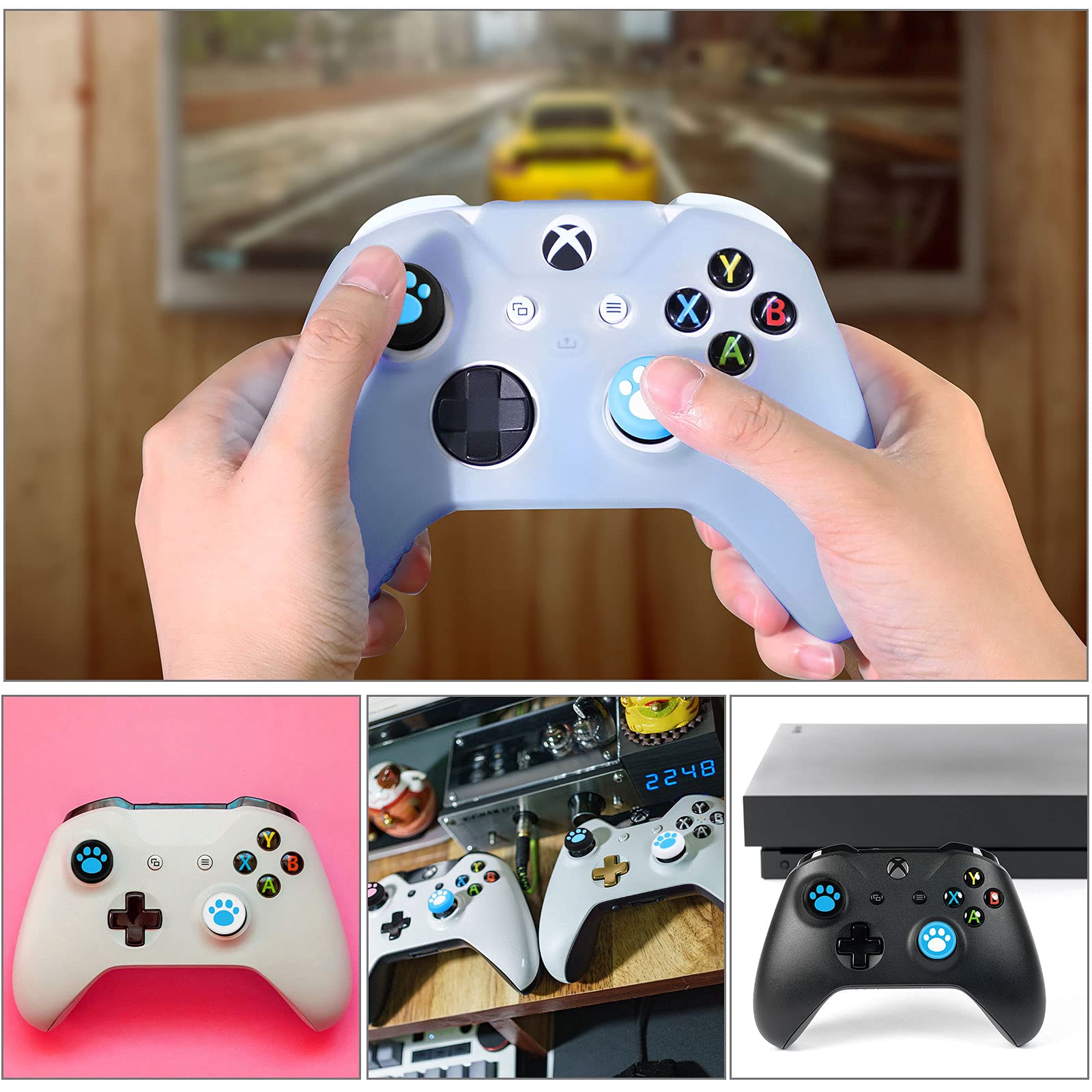Chalyna 14 Pcs Controller Skins Anti-Slip Accessories Set Silicone Cover Protector Case Compatible with Xbox One/S/X Controller Wireless/Wired Gamepad Joystick with 12 Cat Paw Thumb Grips (Blue)