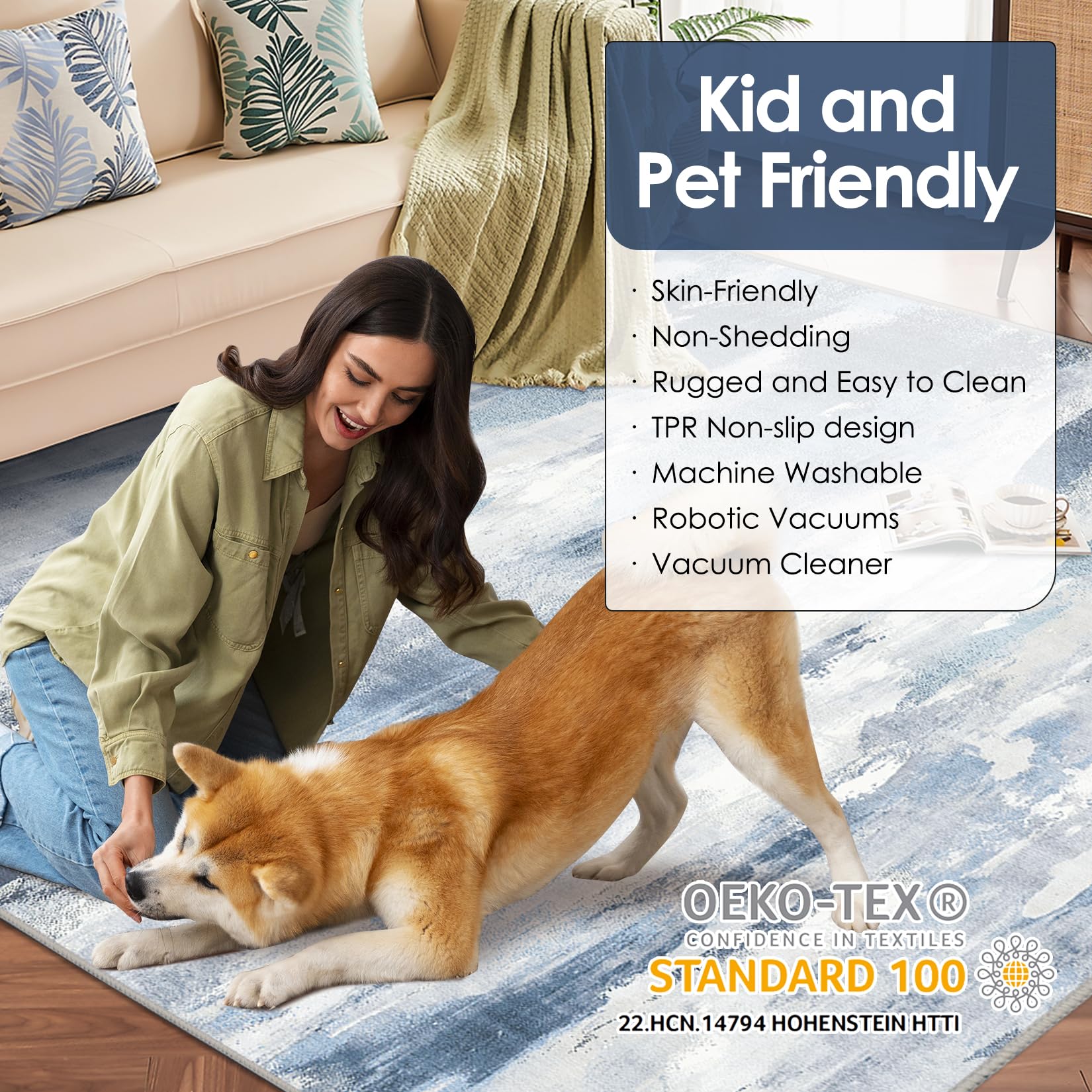 INGEROOM Washable Area Rug - Area Rugs 5x7 Abstract Soft Machine Washable Rug with Non-Slip Backing for Living Room, Bedroom, Dining Room (Gray and Blue, 5'x7' Feet)