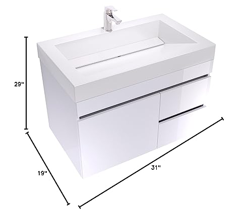 Lift Bridge Kitchen & Bath Assembled Wall-Mount Floating Bathroom Vanity with White Cultured Marble Top Sink Set, 31 in. W x 19 in. D x 29 in. H in White with Viteli + Genova Top