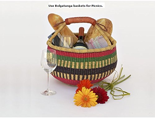 Fair Trade Ghana Bolga African Dye-Free Market Basket Natural Baskets (14"-16" Large: Black Handle)