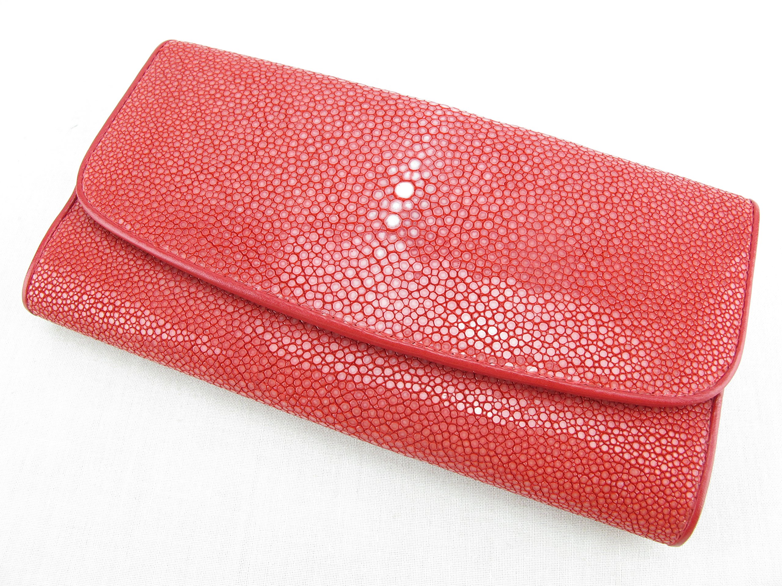 PELGIO Genuine Polished Stingray Skin Women's Trifold Clutch Wallet (Polished Black) (Black)