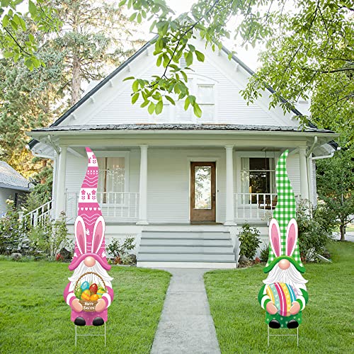 Easter Gnome Yard Signs 2 PCS Easter Bunny Eggs Garden Signs 47 Inch Large Plastic Outdoor Signs Pink Green Gnome Lawn Sign with Stakes H Frames for Spring Holiday Party Decor Patio Pathway