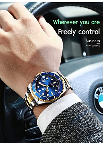 OLEVS Mens Watch Stainless Steel Big Face Blue Casual Dress Wrist Watch Quartz Analog Day Date Waterproof Luminous
