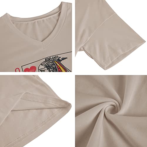 Womens Oversized Queen Of Hearts Graphic T Shirts Casual V Neck Half Sleeve Summer Loose Tees Tunic Tops Khaki