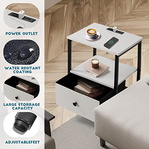 Homajor Nightstand with Charging Station,Side Table with Storage,end Tables Living Room,Bedside Table with Fabric Drawers,End Tables with USB Ports for Bedroom,Small Spaces,White