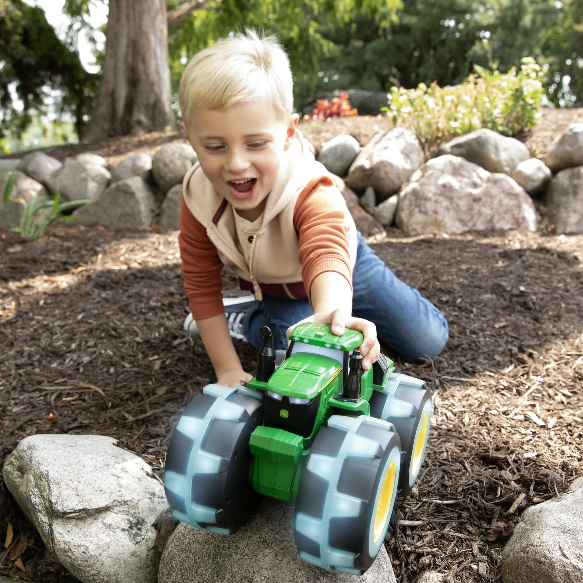 Monster Treads Lightning Wheels Light Up Tractor Deluxe - John Deere Tractor Toys - Light Up Monster Truck Tractor with Rainbow Lights and Sounds Medium