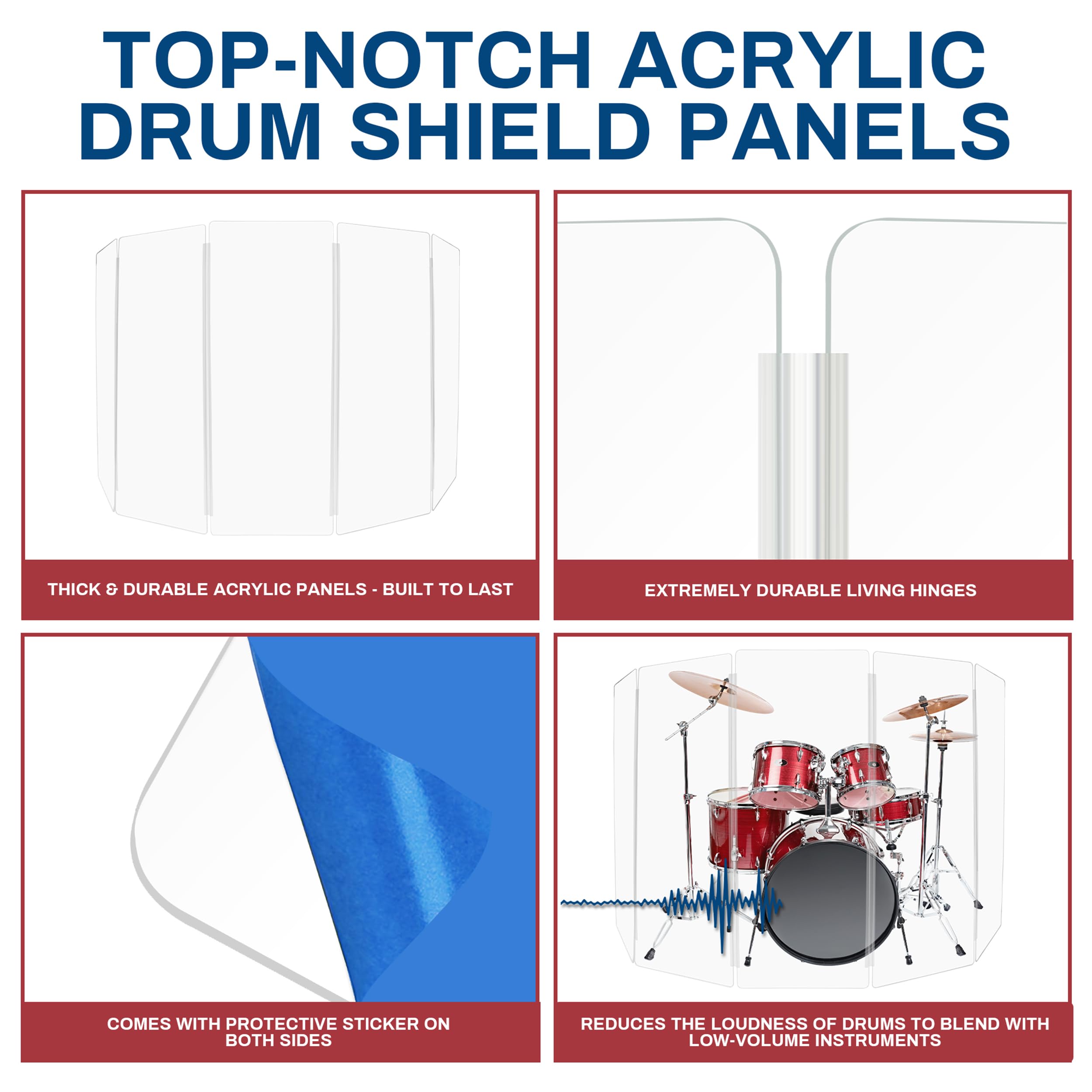 PENNZONI Drum Shield 5ft w/Living Hinges, Comes w/ 5 Drum Panels & Living Hinges, Premium Clear Acrylic Panels, Drum Screen