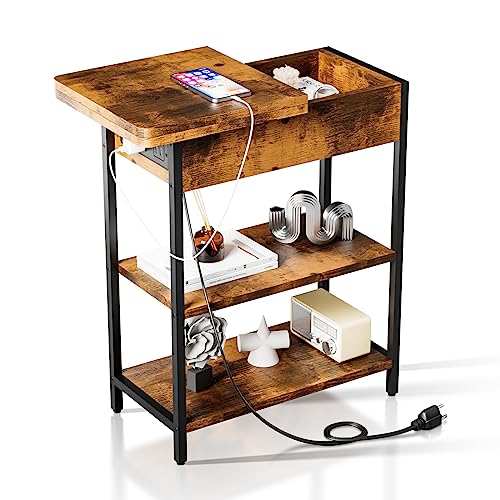 HOUIT End Table with Charging Station, Narrow Flip Top Side Table with USB Ports and Outlets, Nightstand with Storage for Small Spaces, Bedside Tables for Living Room, Bedroom