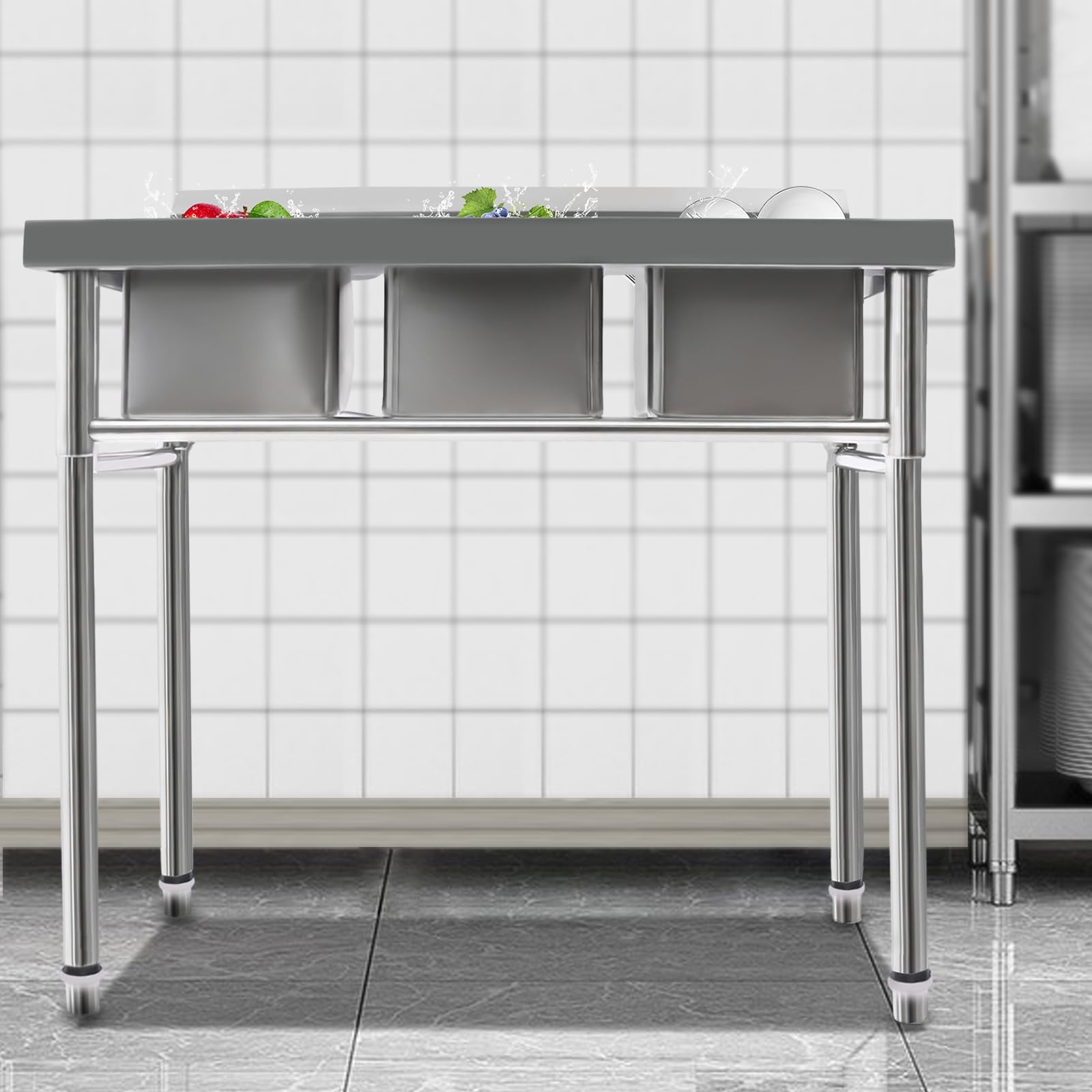 Florchest Standing Three Bowl Kitchen Sink Set, 3 Compartment Commercial Kitchen Sink Stainless Steel/Garage Prep & Utility Sink for Restaurants Kitchen, Laundry Room,Outdoor