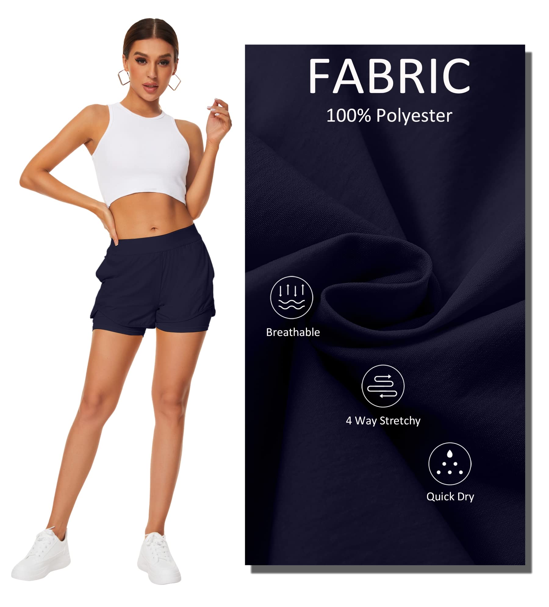 Custer's Night Women's 2 in 1 Workout Shorts with Pockets High Waisted Gym Yoga Running Shorts with Liner Navy Blue XL