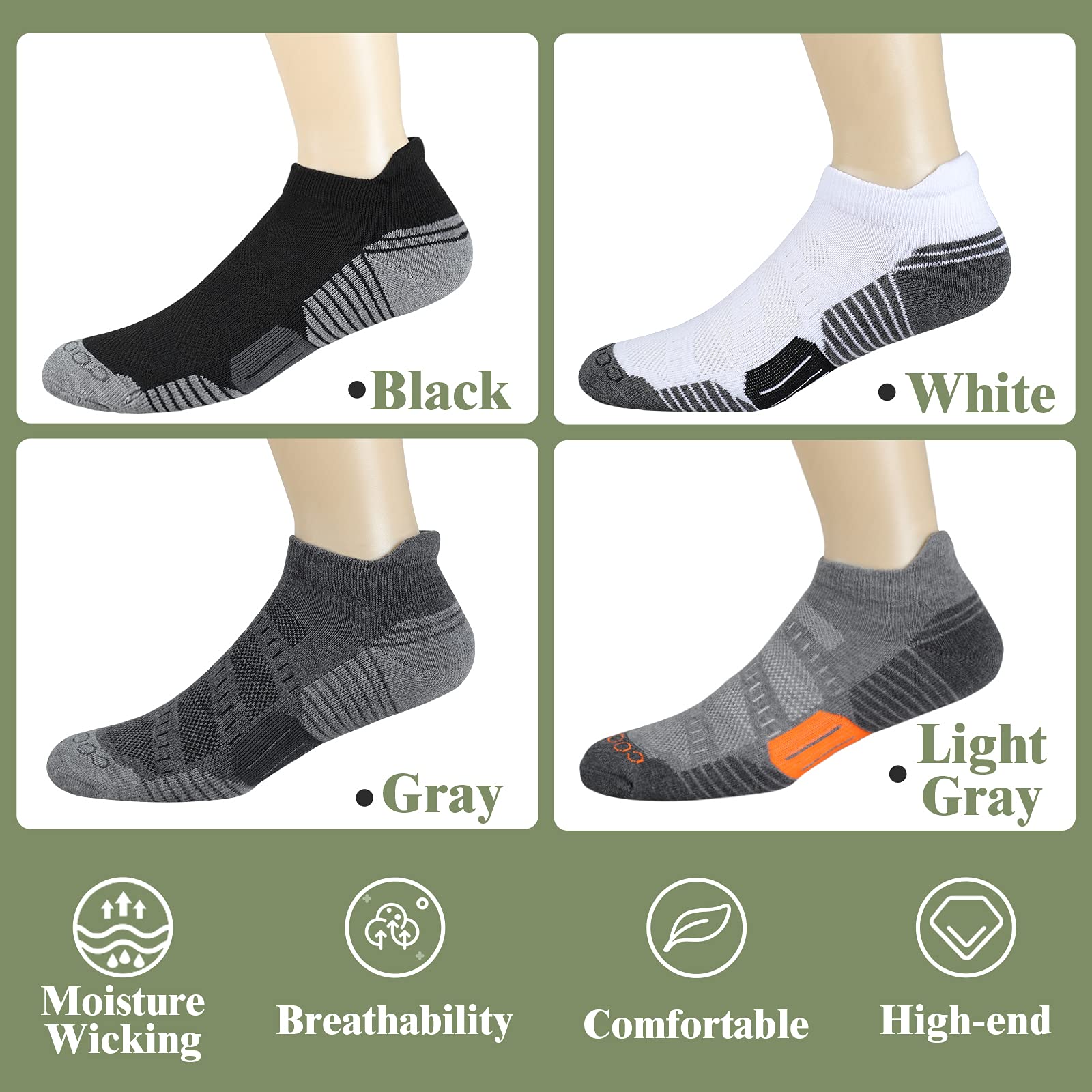 COOVAN Mens Ankle Athletic Socks 7 Pack Low Cut Cushioned Breathable Running Sports Socks