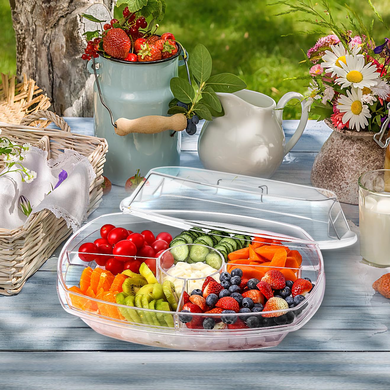 IVYHOME Fruit Trays for Serving for Party, Chilled Veggie Tray, Shrimp Cocktail Serving Dish, Appetizer Serving Platter for Parties, with Lid and 4 Compartments