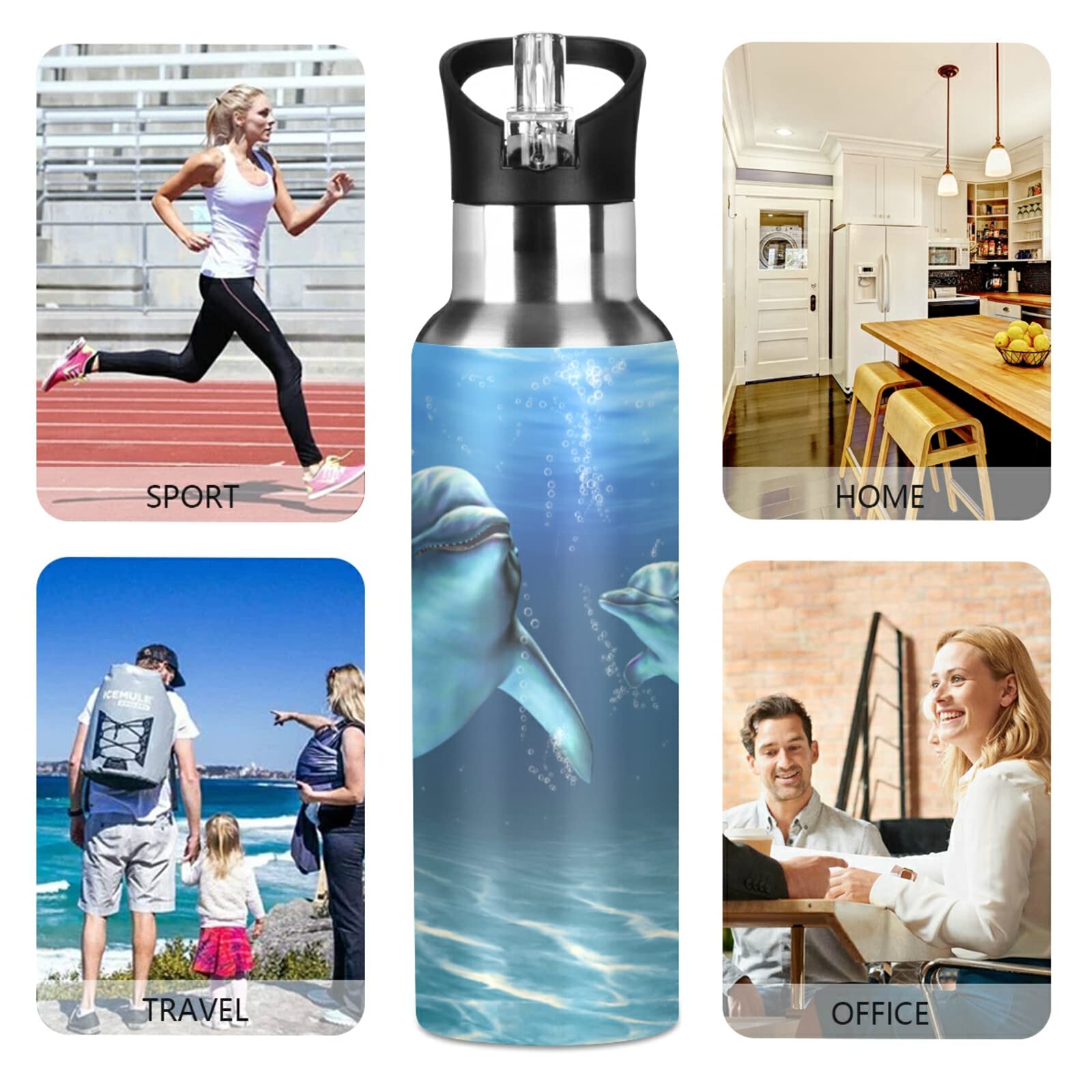Dolphin Water Bottle with Straw Lid Thermos Ocean Kids Insulated Stainless Steel Water Flask 20 Oz Dolphins