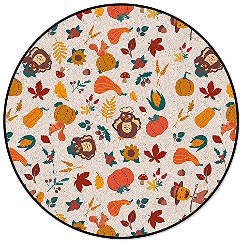 Thanksgiving Area Rug Round Diameter 3.3ft, Decorative Floor Carpets Circle Mats, Washable Felt Rugs for Bedroom, Living Room, Nursery, Office, Pumpkin Maple Leaf Scarecrow Owl Fall