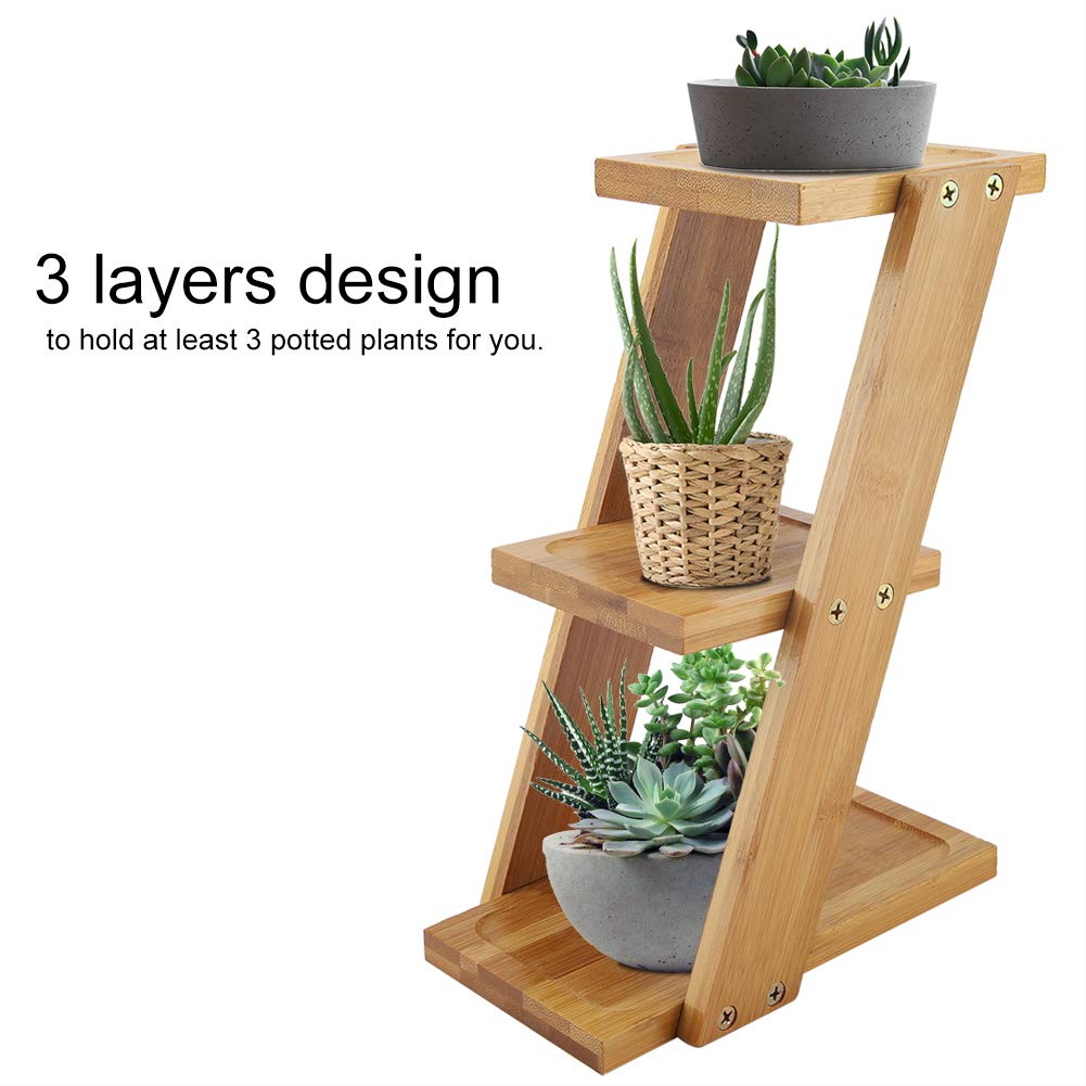 SOONHUA Mini Bamboo Plant Flower Stand,3 Tier Plant Display Ladder Shelf Flower Pot Storage Rack Display Shelving Unit Holder for Indoor and Outdoor Use Decor